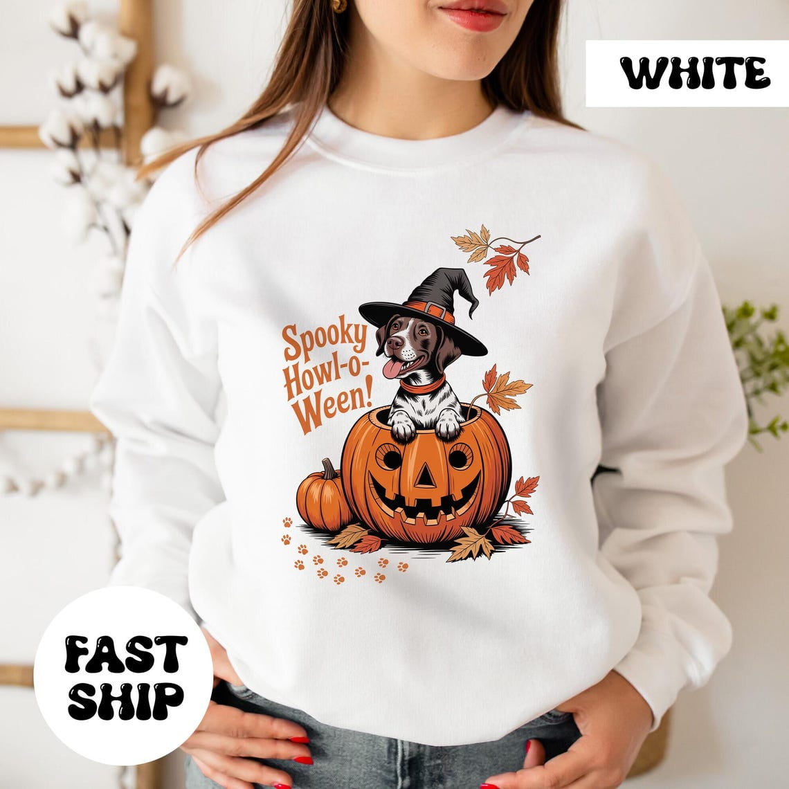 Shorthaired Pointer Sweatshirt, Retro Fall Spooky Vibes Witch Dog In ...