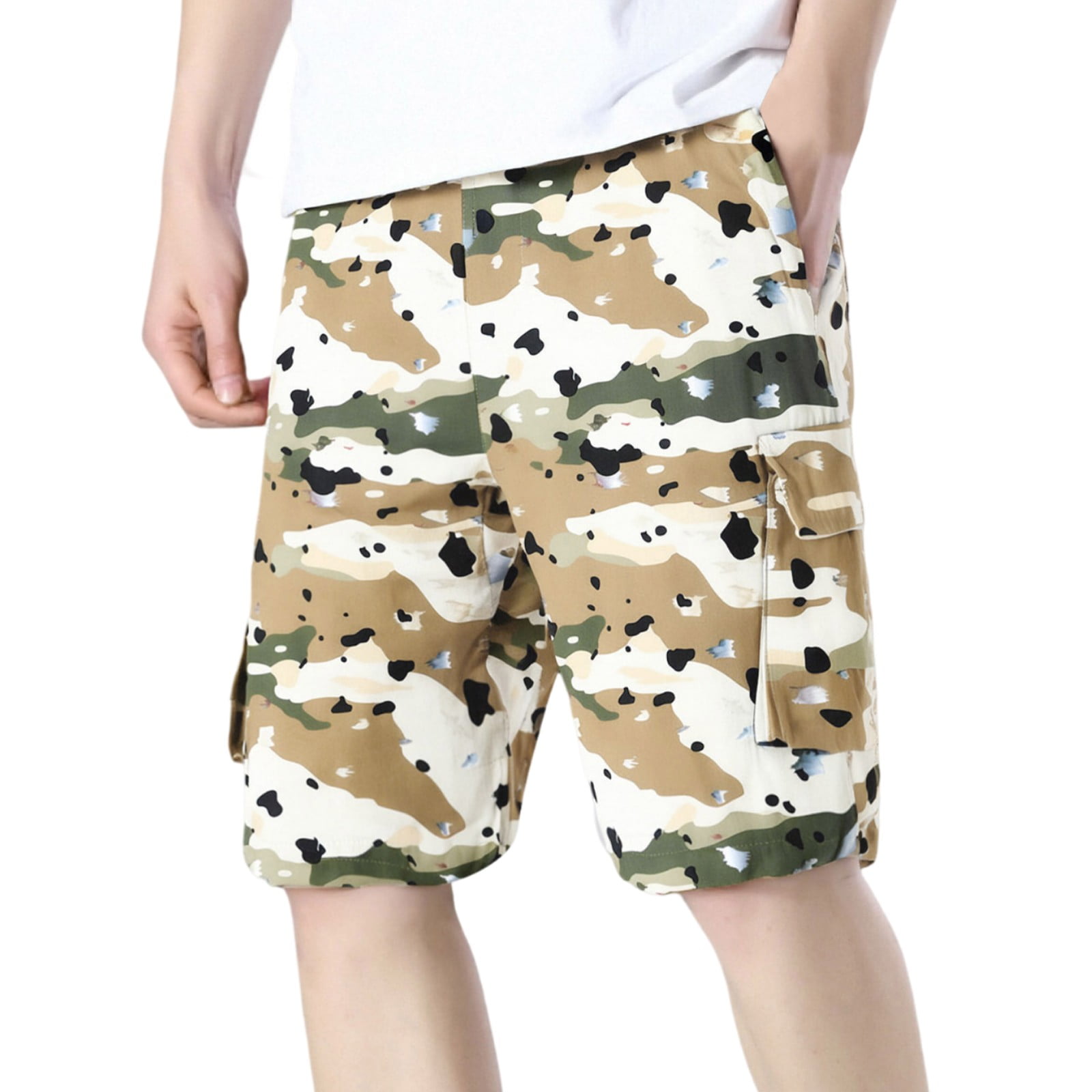 Shorts Men Camo Elastic Waist Cargo Shorts Straight Barrel Drawstring ...