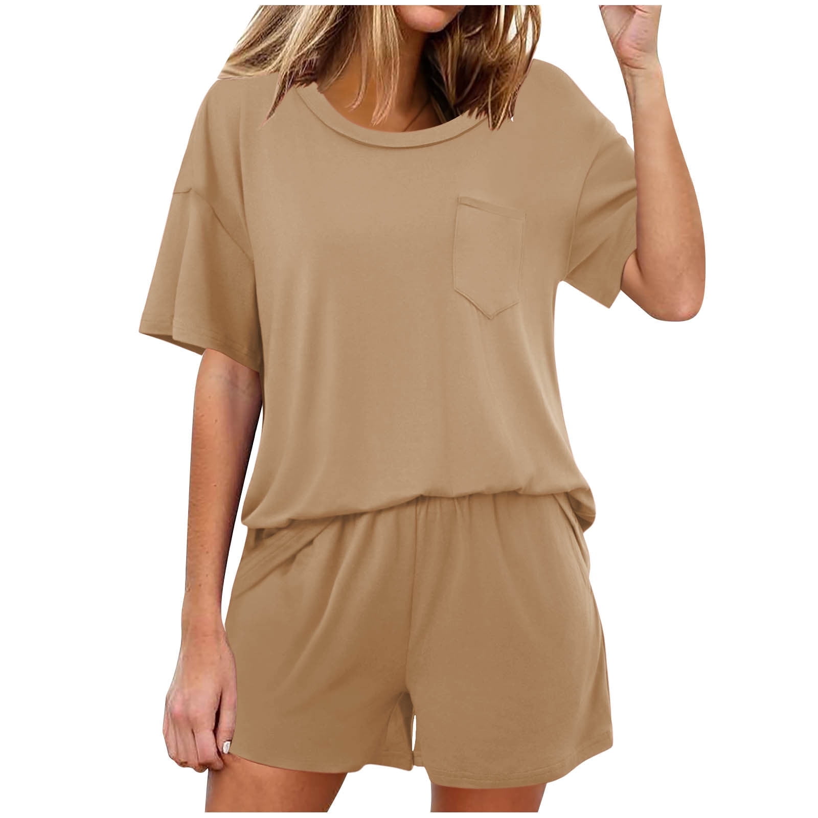 Shorts Sets Women 2 Piece Outfits Polyester Crew Neck Short Sleeve Tops ...