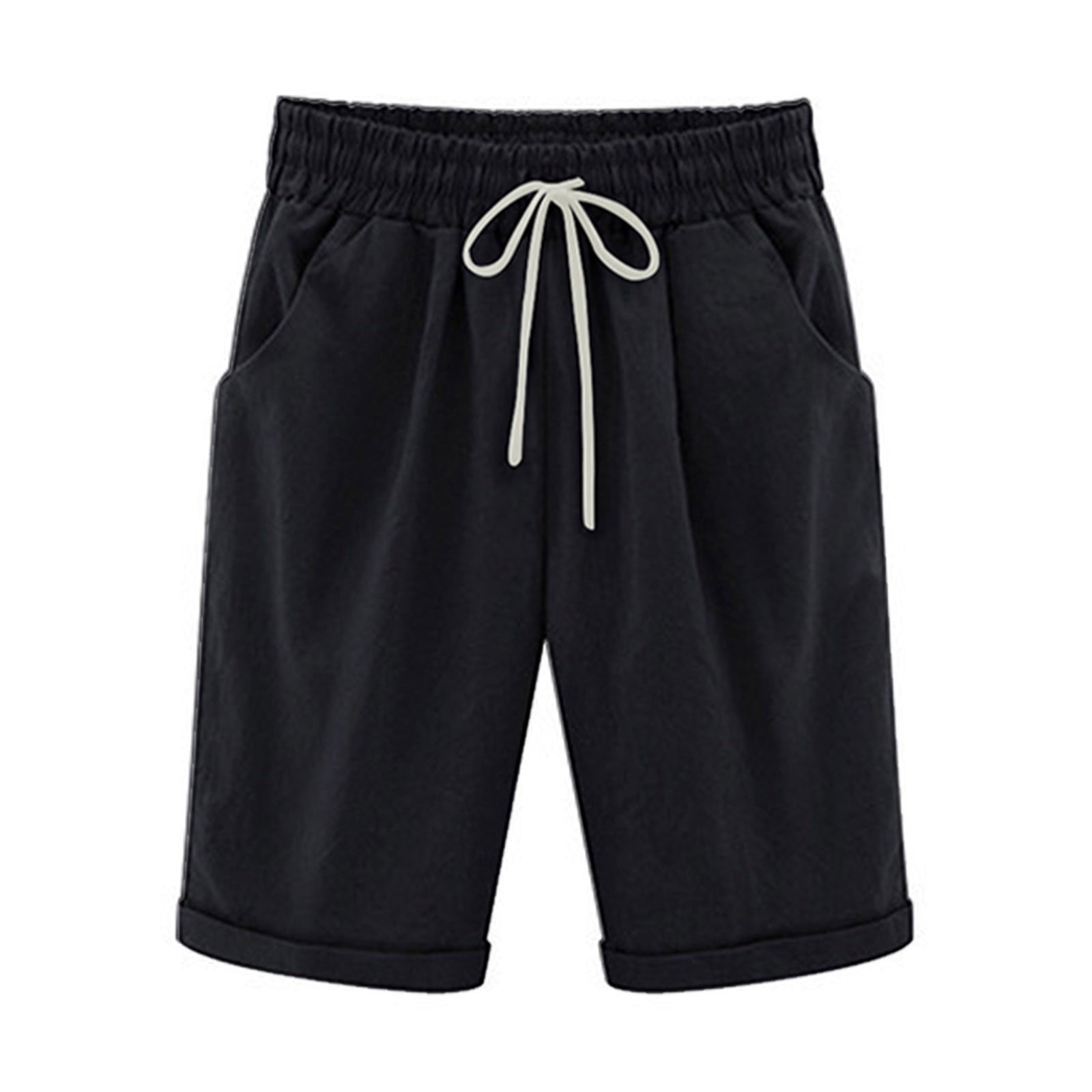 Womens Elastic Waist Casual Comfy Cotton Linen Beach Shorts With