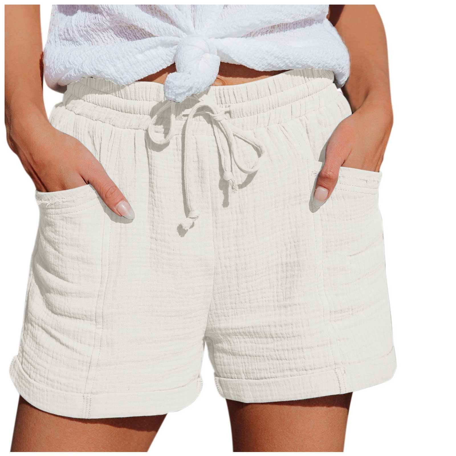 Blvb Cotton Linen Shorts For Women Casual Elastic Waist Drawstring