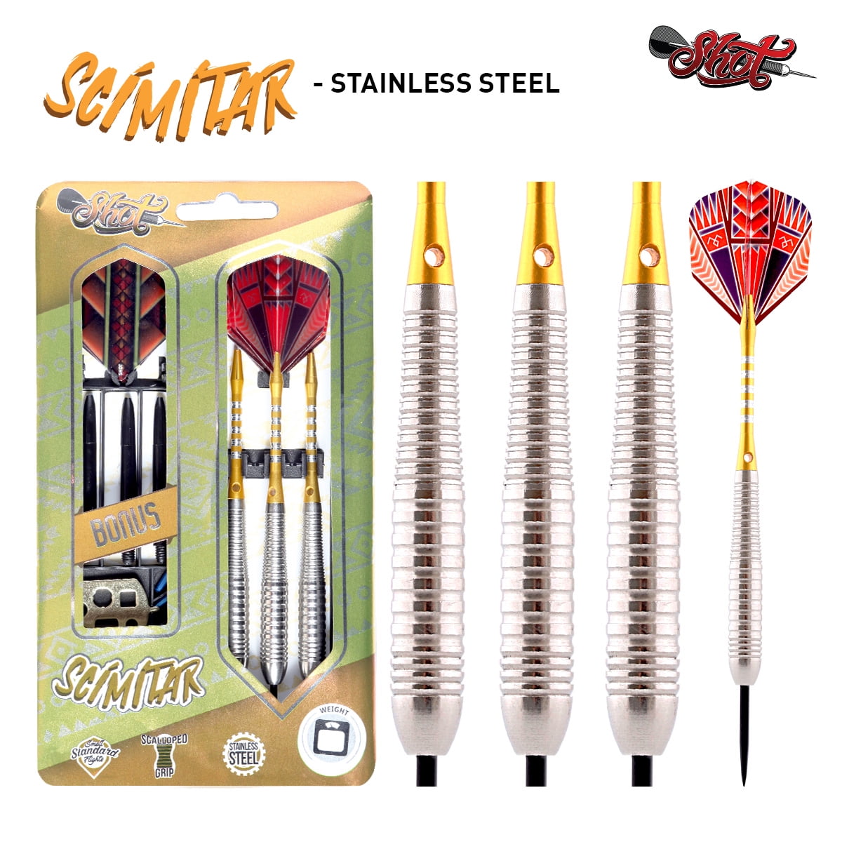 Shot Darts Scimitar Stainless Steel Barrels Steel Tip Dart Set 22 grams ...