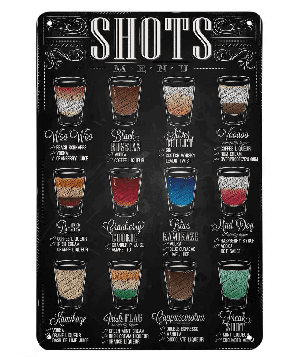 Shots Menu Aluminum Signs Drinks with Names In Retro Style Drawing with ...