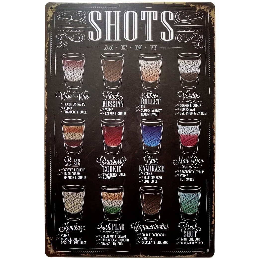 Shots Menu Vintage Bar Metal Aluminum Sign Poster Style Wall Art Pub ...