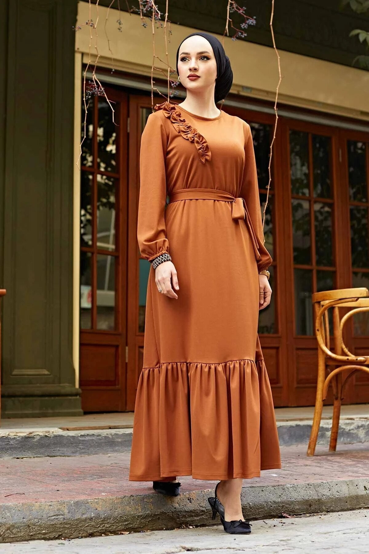 Shoulder Frilly Four Seasons Dress For Women 2021 Turkish Women's ...
