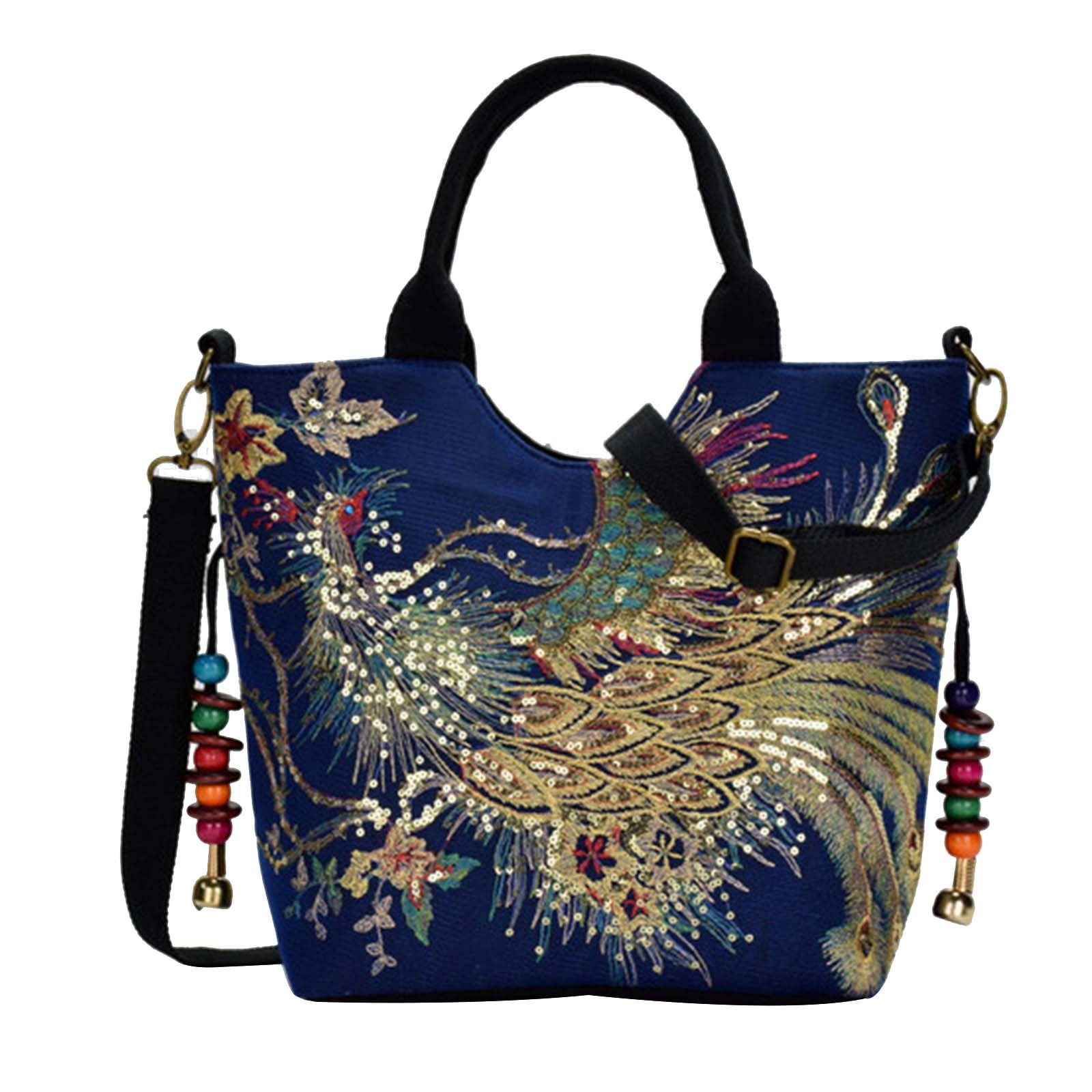 Shoulder Handbags for Women, Peacock Embroidery Handbag, Retro Canvas ...