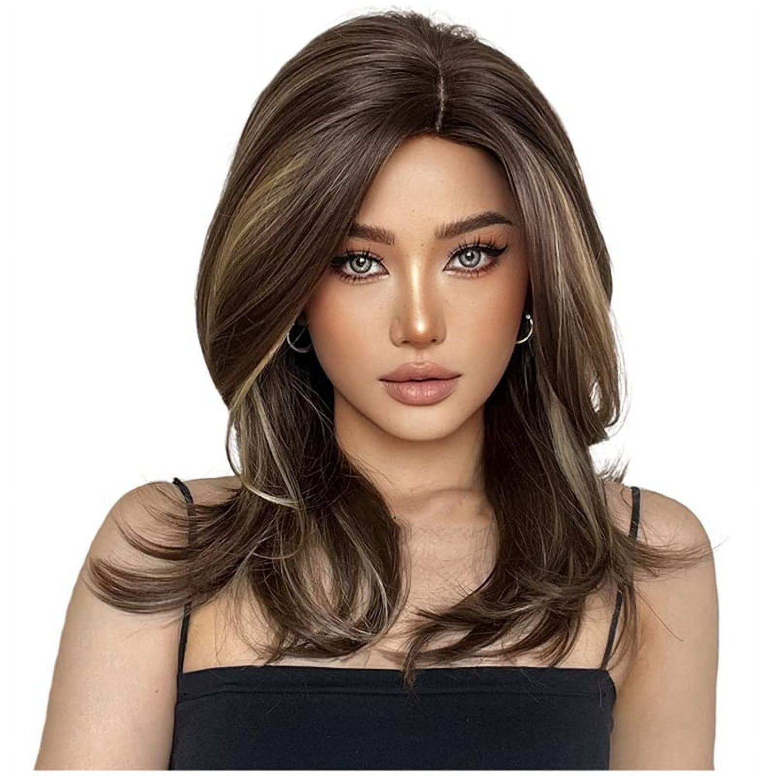 Shoulder-Length Wigs for Women, Layered Synthetic Fibers Brown Mixed ...