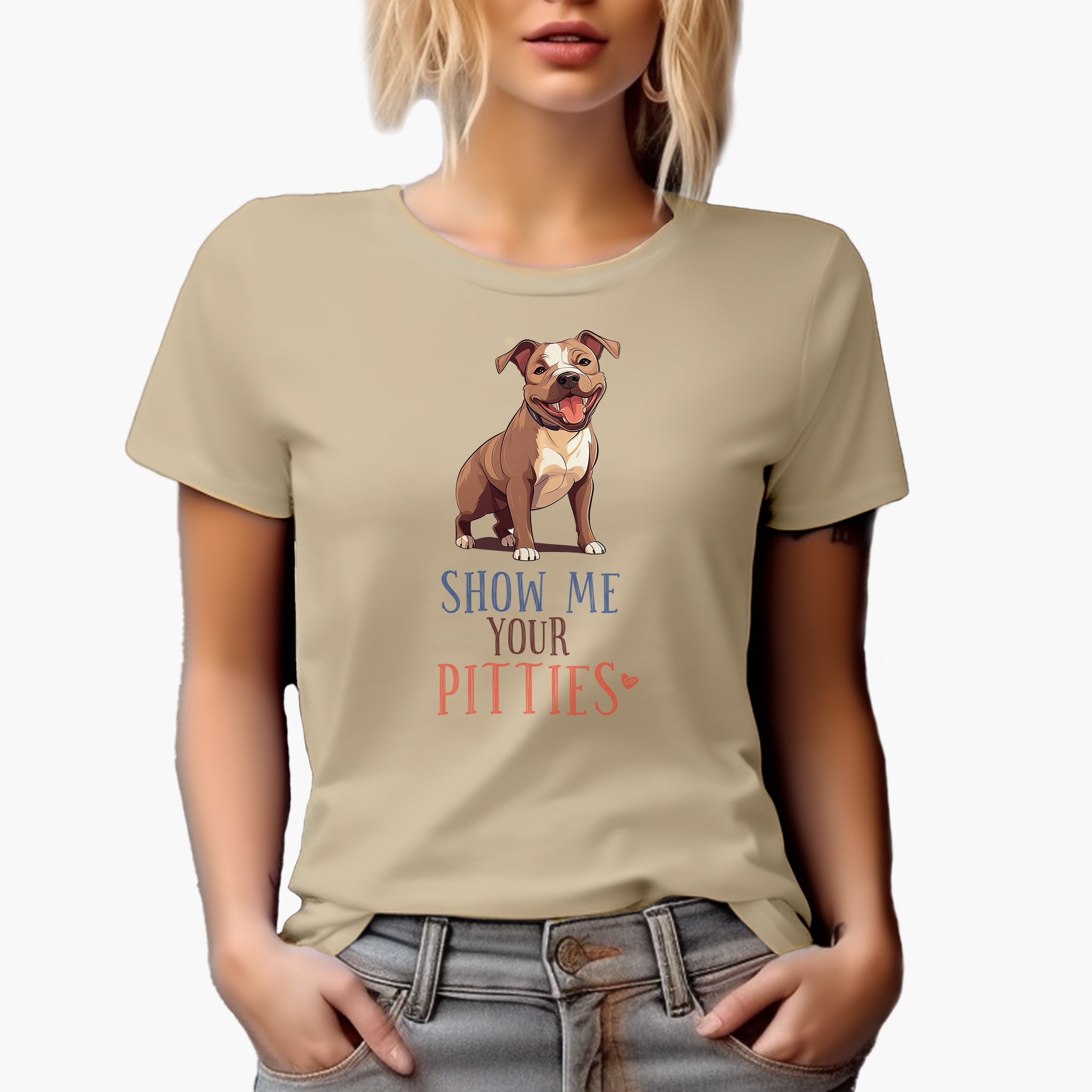 Show Me Your Pitties with a Pitbull Terrier Dog Art Merch Gift, Tan T ...