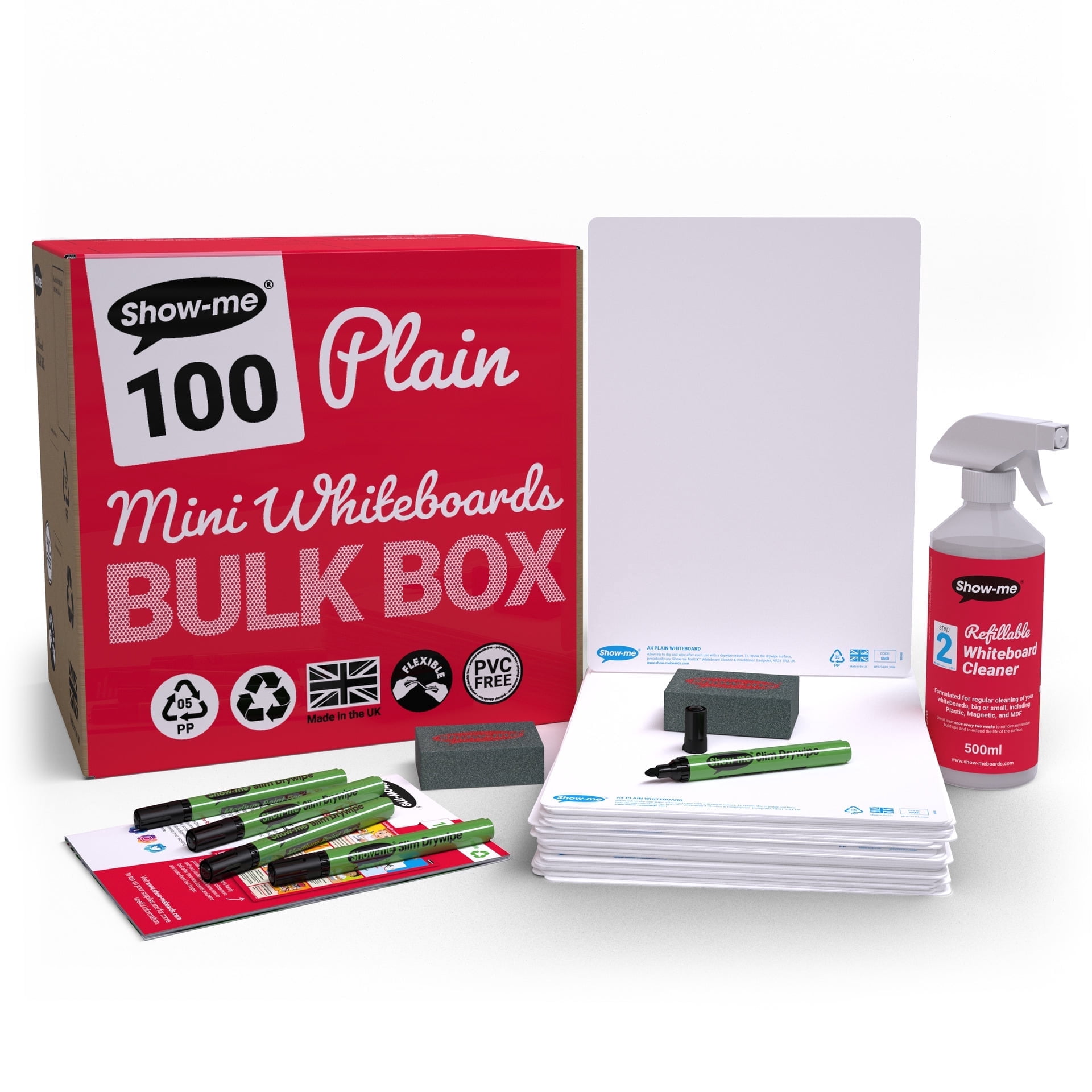 Show-me Bulk Box of 100 x A4 Plain/Plain dry erase boards, pens and ...