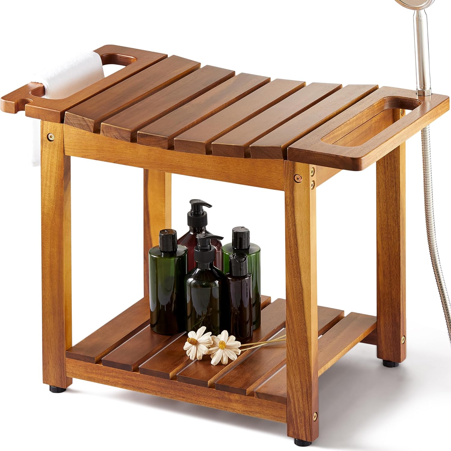 Shower Bench Seat with Storage Shelf, Natural Wood Shower Benches for ...