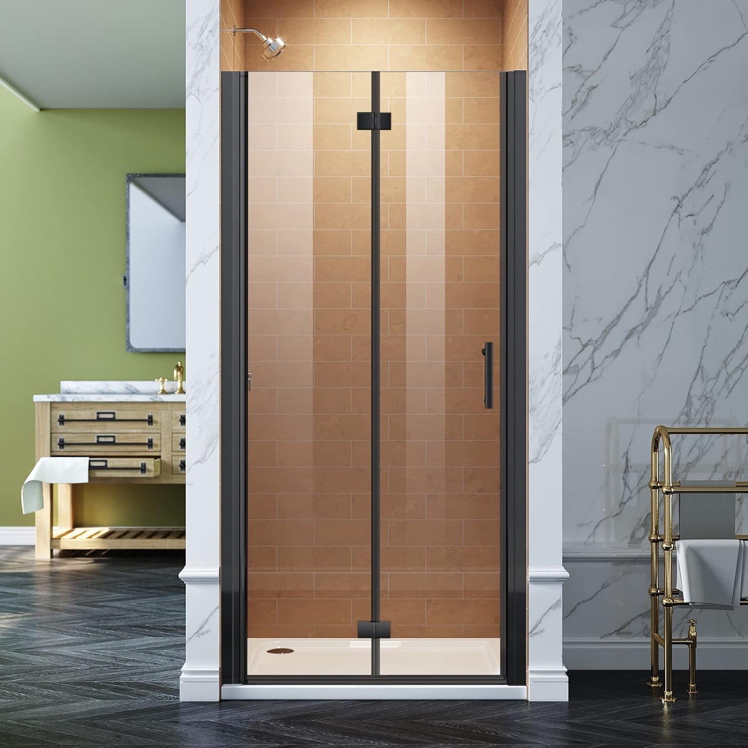 Shower Bi-Fold Frameless Shower Doors i Black, 30 i. W x 72 i. H, Pivot ...