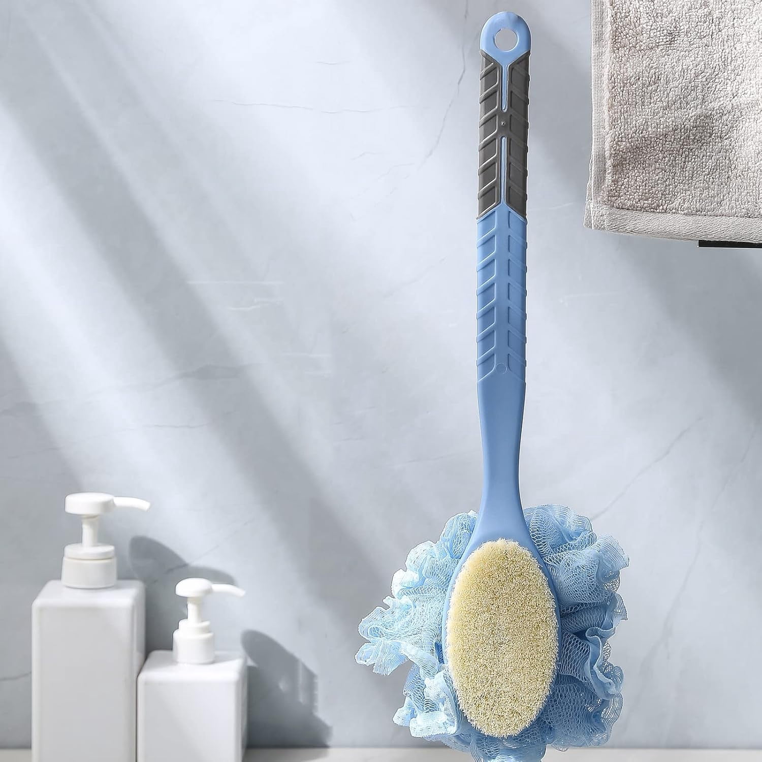 Shower Body Brush with Bristles and Loofah, Back Scrubber Bath Mesh ...