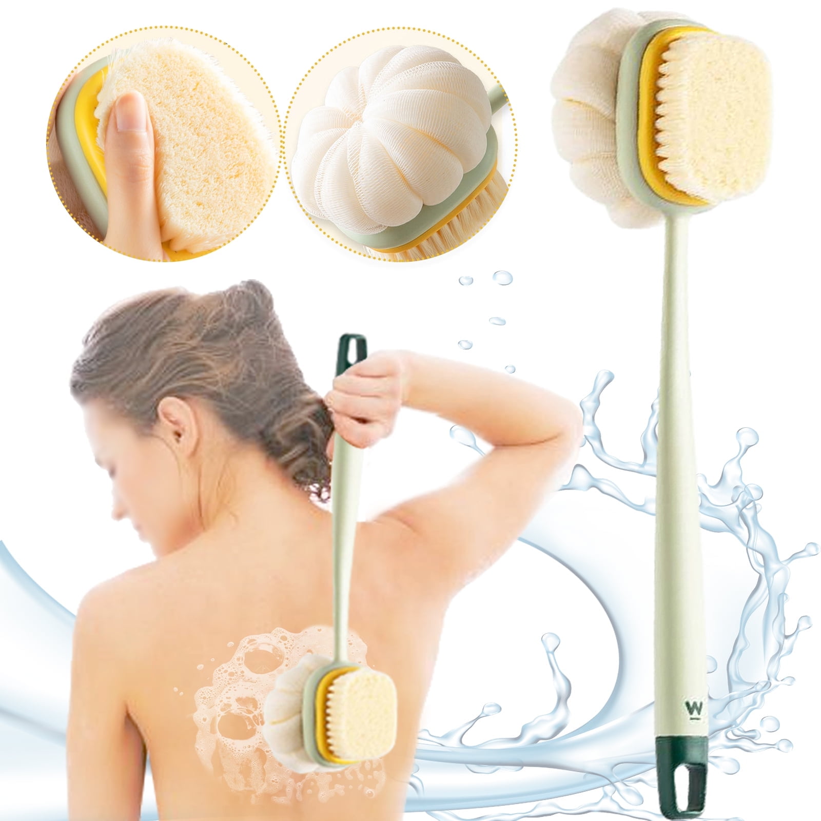 BOZVLOH Shower Brush, 14” Long Handle Back Scrubber, Bristles & Loofah, Exfoliating Bath Brush ...