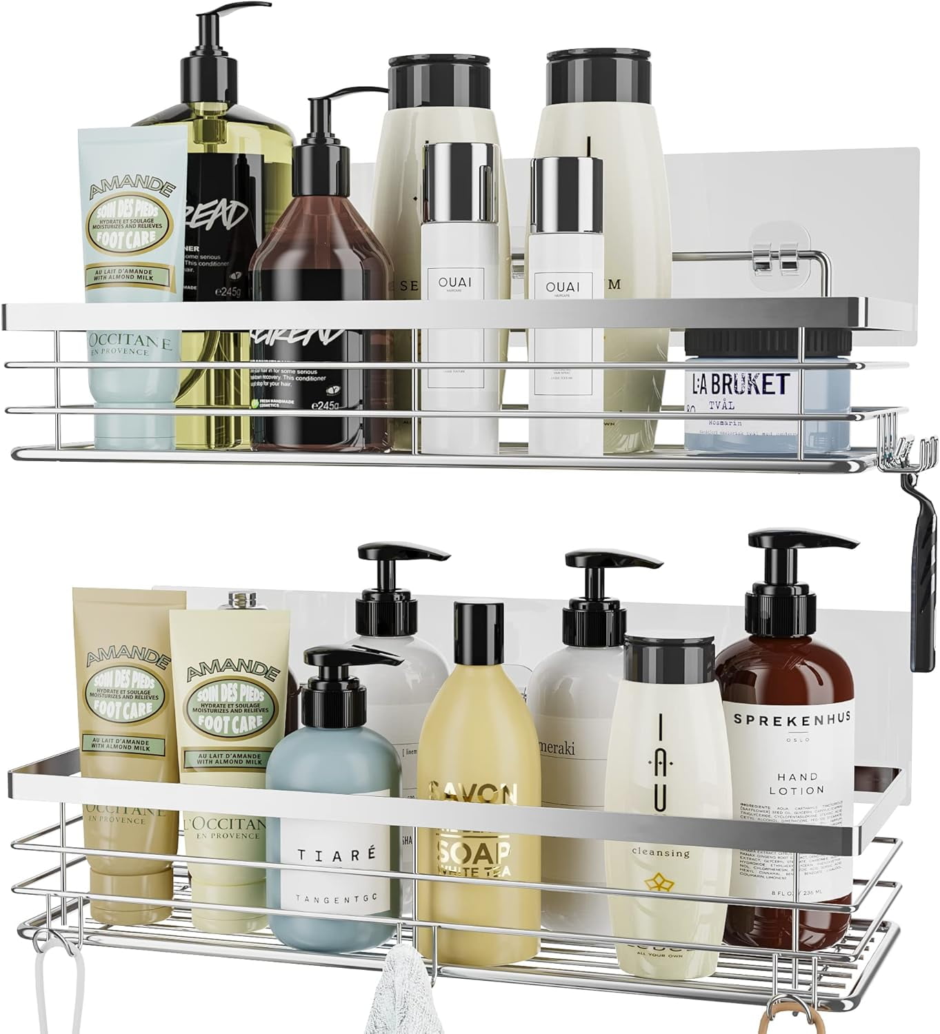 Shower Caddy with 5 Hooks for Hanging Razor and Sponge Adhesive Shower ...