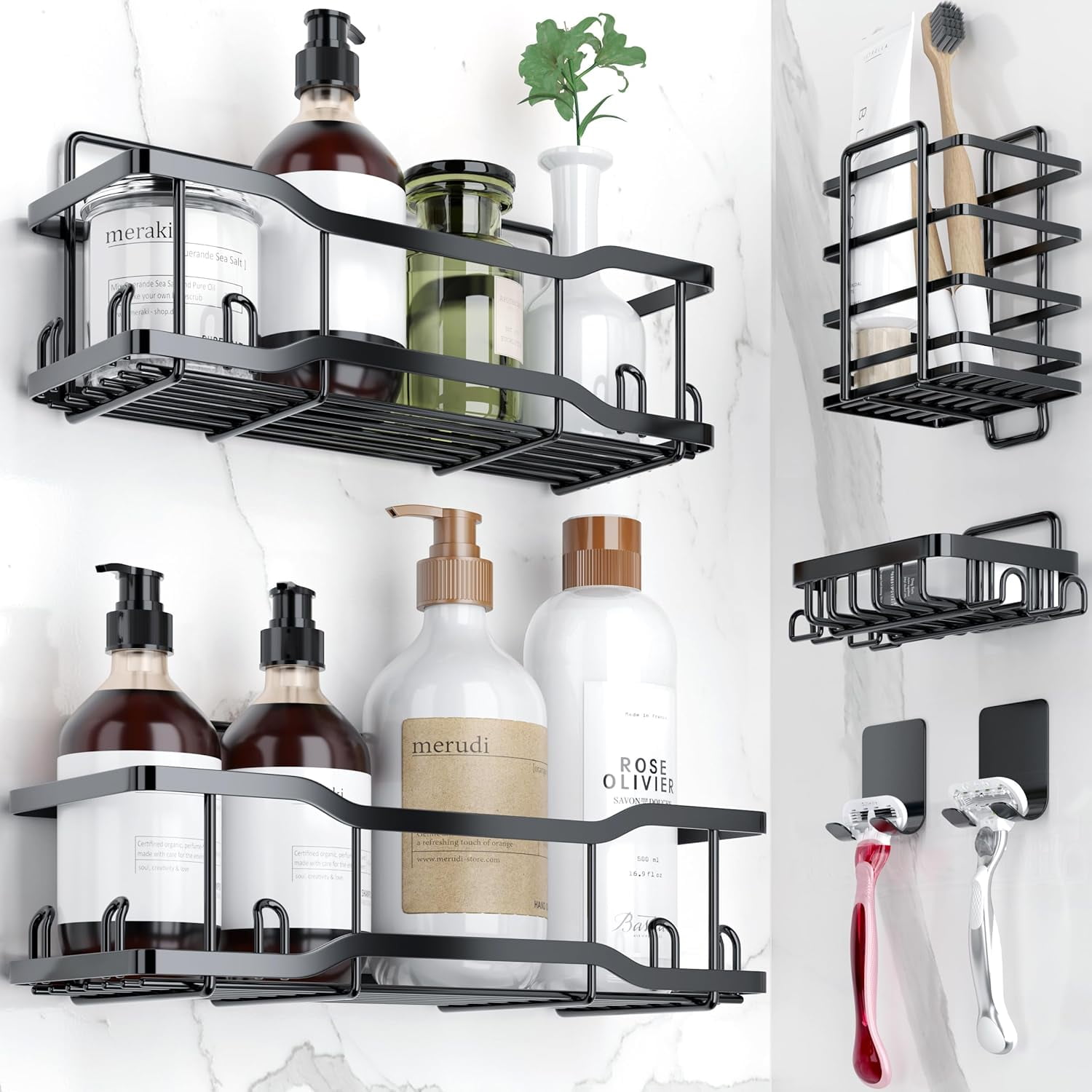 Shower Caddy Bathroom Shelves, The Athena Silken Black 4 Set, 40LB ...
