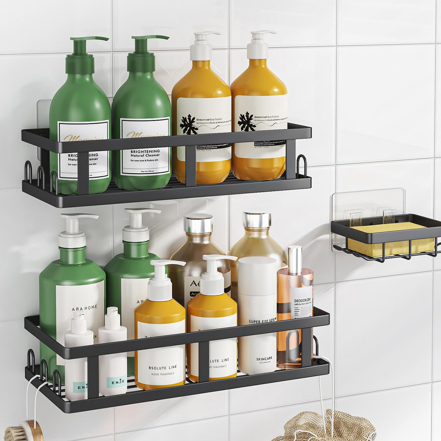 Shower Caddy, Black, Adhesive No Drill Bathroom Organizer | Soap Holder ...