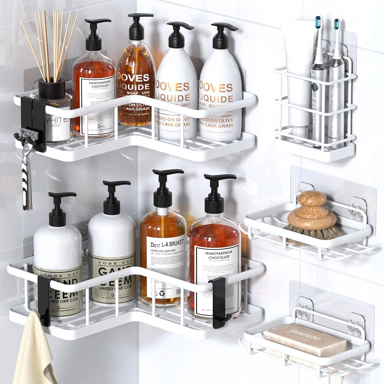 Shower Caddy Corner, 5-Pack Shower Corner Shelf with 12 Hooks ...
