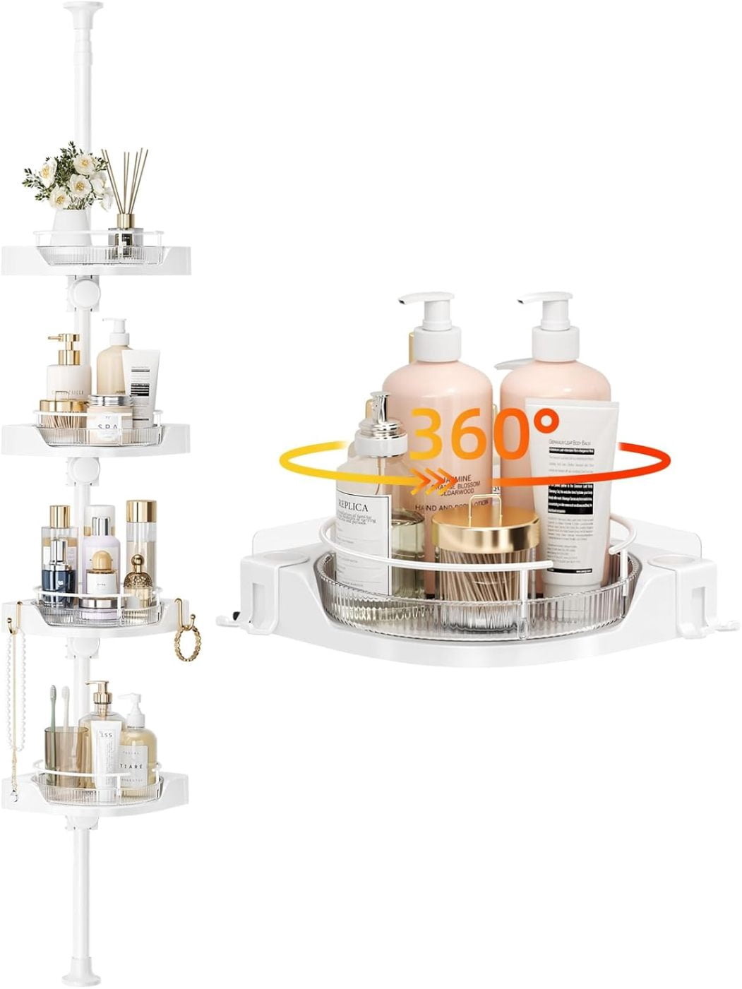 Shower Caddy Corner Tension Pole with 4 L-Lazy Susan Organizer 360 ...