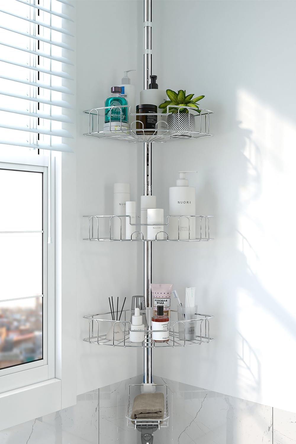 Silver Shower Caddy Corner Tension Pole, Stainless Steel AdjustableCorner Shower Caddy Stand for ...