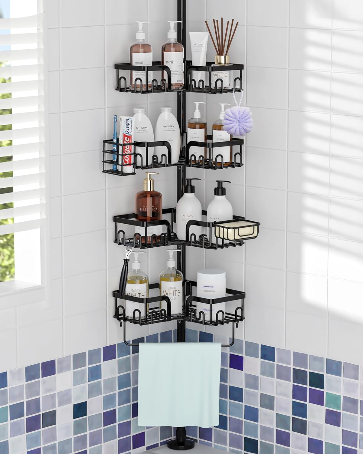 Shower Caddy Tension Pole,Corner Standing Shelves Bathroom Organizer ...