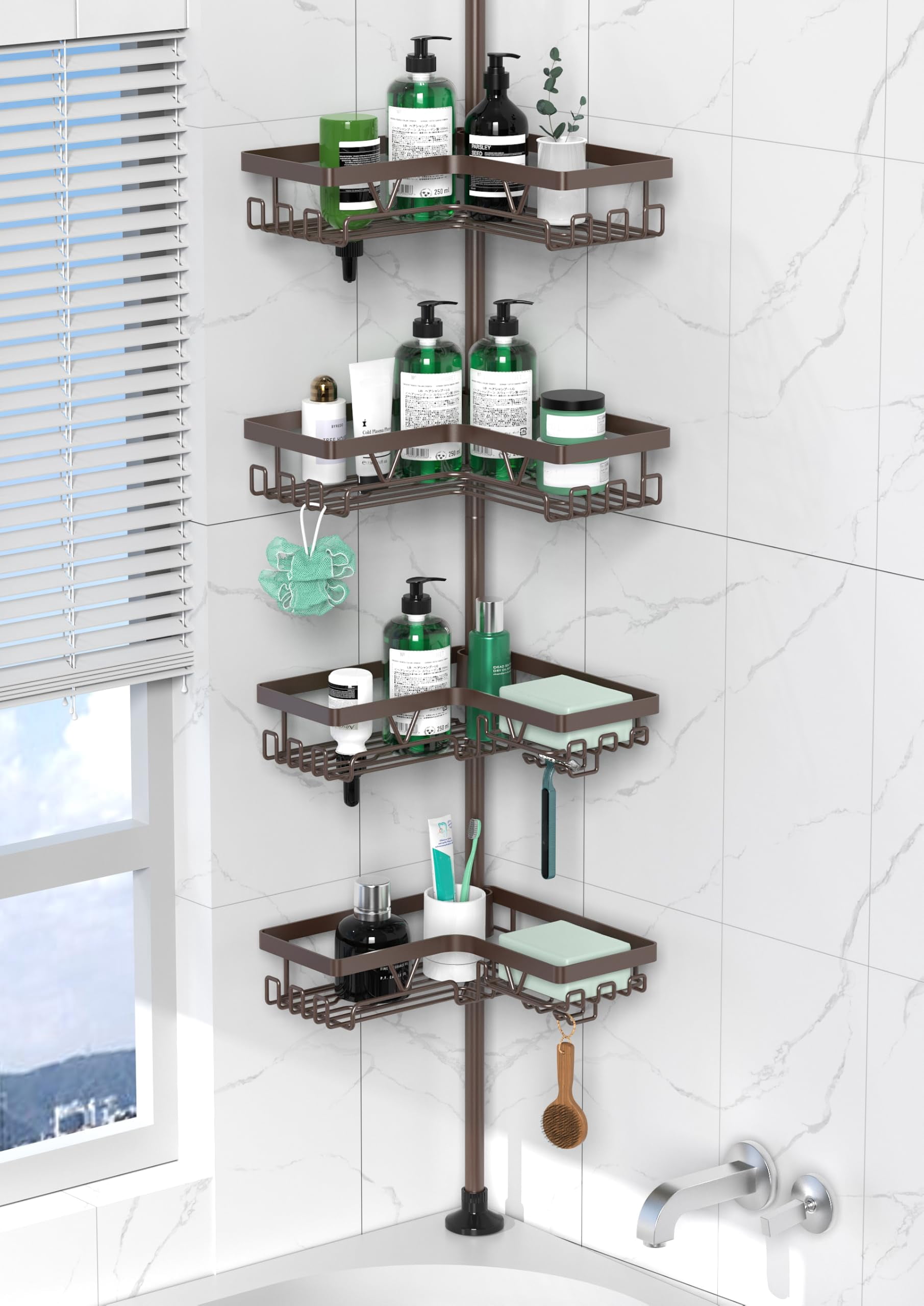 Shower Caddy Tension Pole with Anti-Fog Shaving Mirror, Tension Rod ...