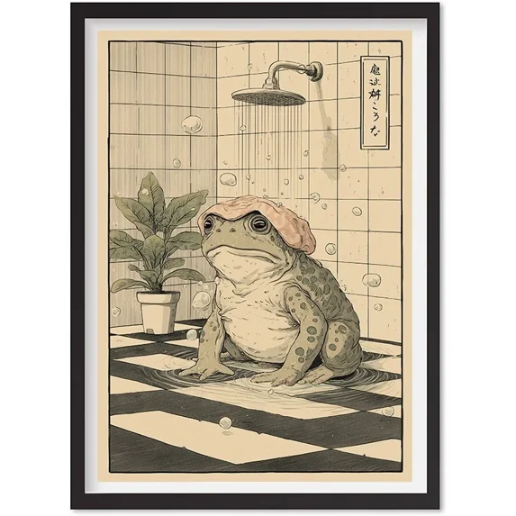Shower Cap Frog Poster , Anime Poster, Funny Bathroom Frog Wall Art ...