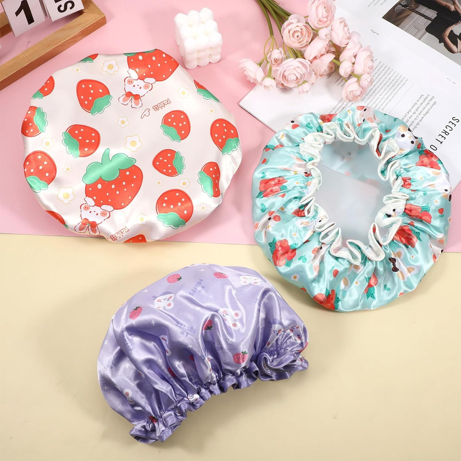 Shower Caps, 3 PCS Double Layers Shower Cap Rabbit Bonnets Elastic Band ...