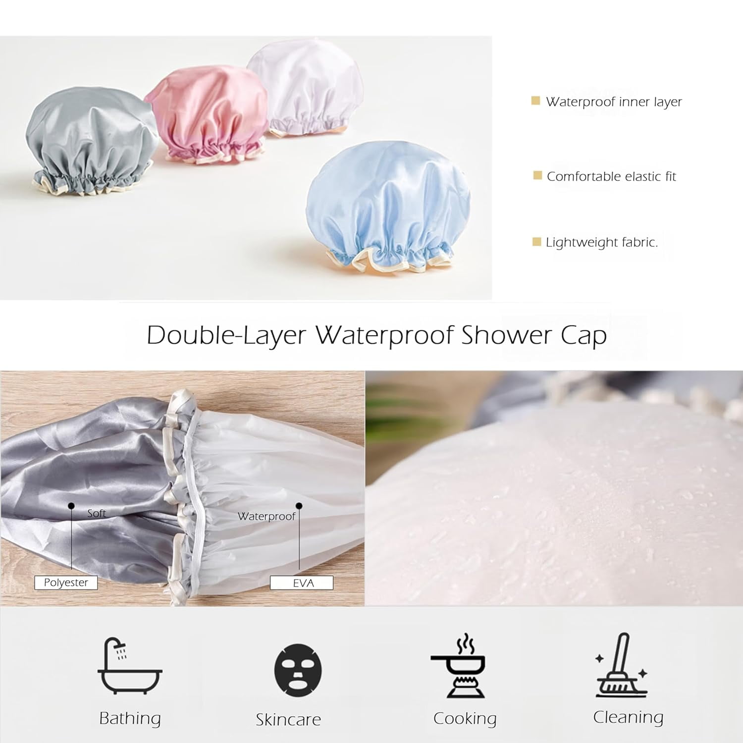 Shower Caps, Eva Hair Caps, Double Layered Waterproof, Reusable & Hard ...