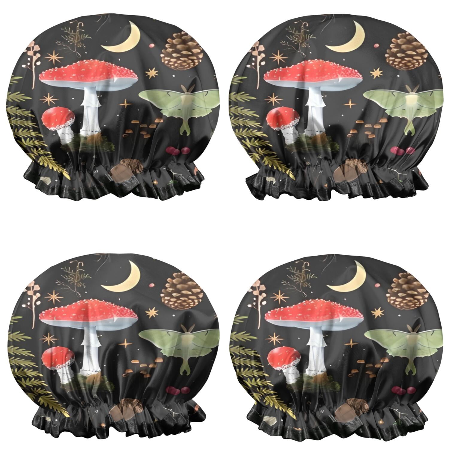 Shower Caps,Red Mushroom Fern Black Pattern Waterproof Shower Cap for ...