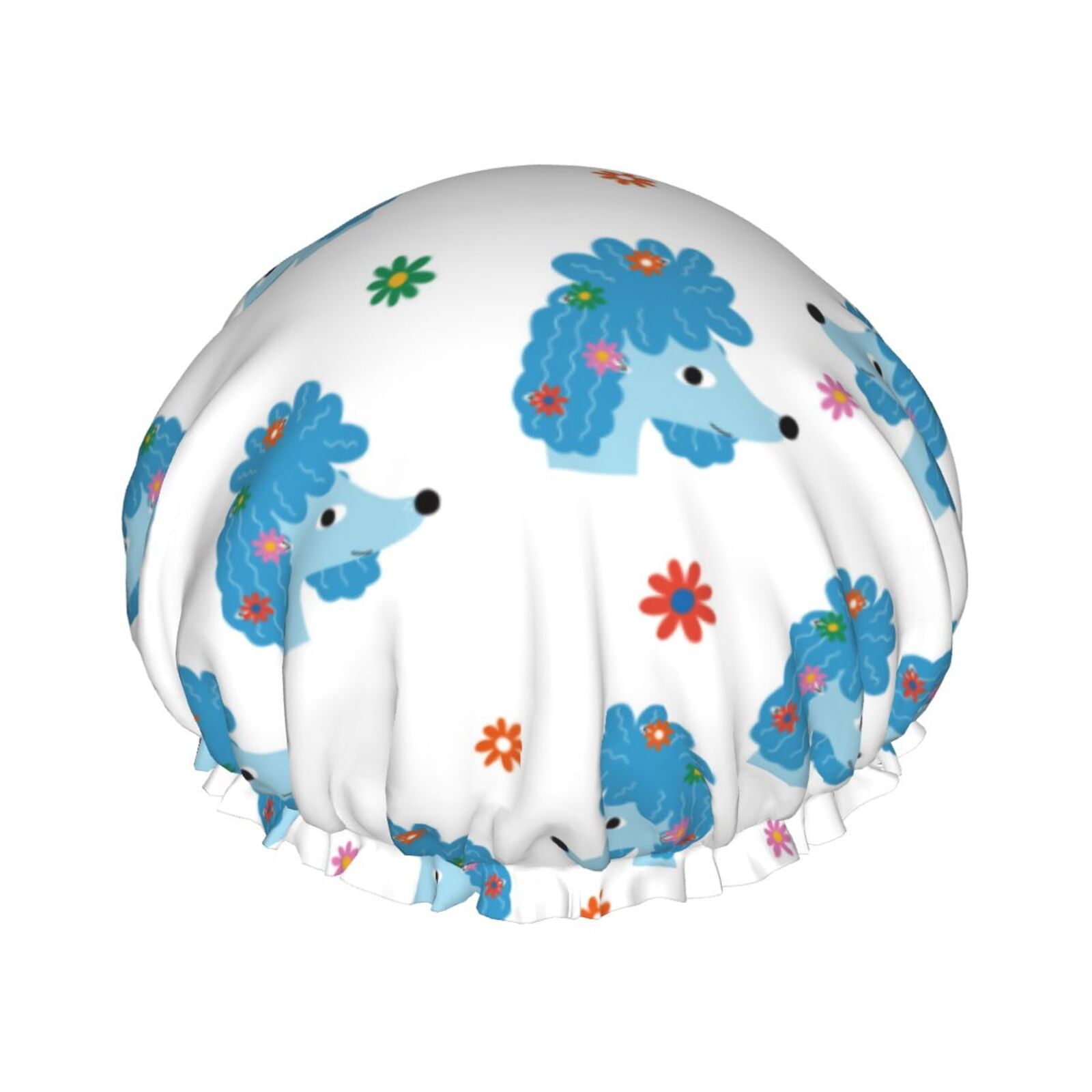 Shower Caps for Women, Blue Cute Poodle Dog Flower Reusable Waterproof ...