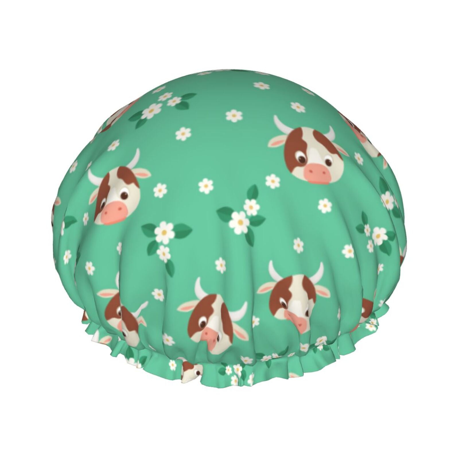 Shower Caps for Women, Cartoon Cute Cow Head Flower Reusable Waterproof ...