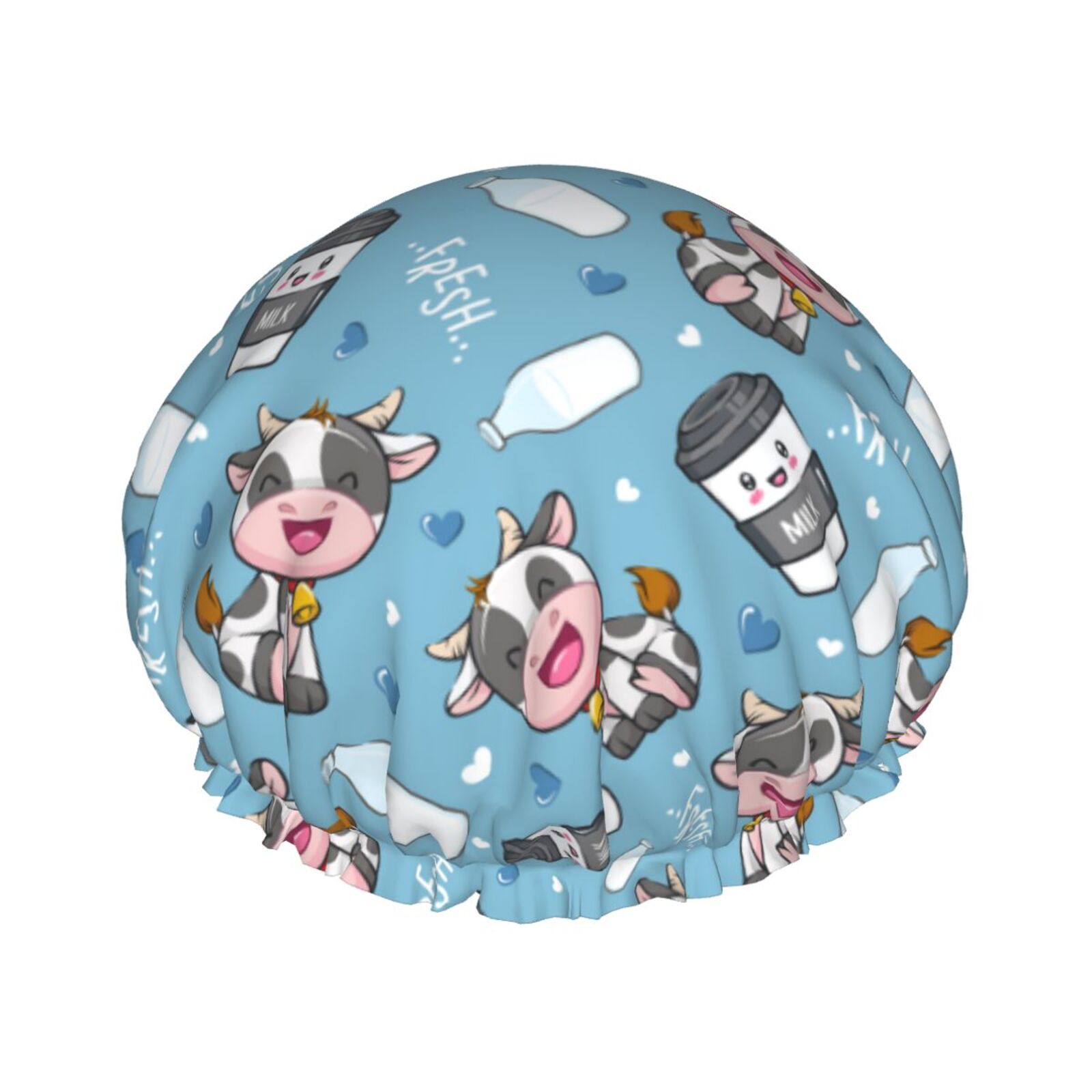 Shower Caps for Women, Cute Cartoon Cow Milk Blue Love Reusable ...