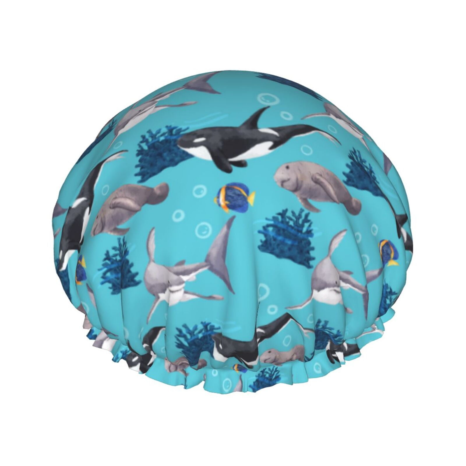 Shower Caps for Women, Cute Shark Seal Whale Water Plant Reusable ...
