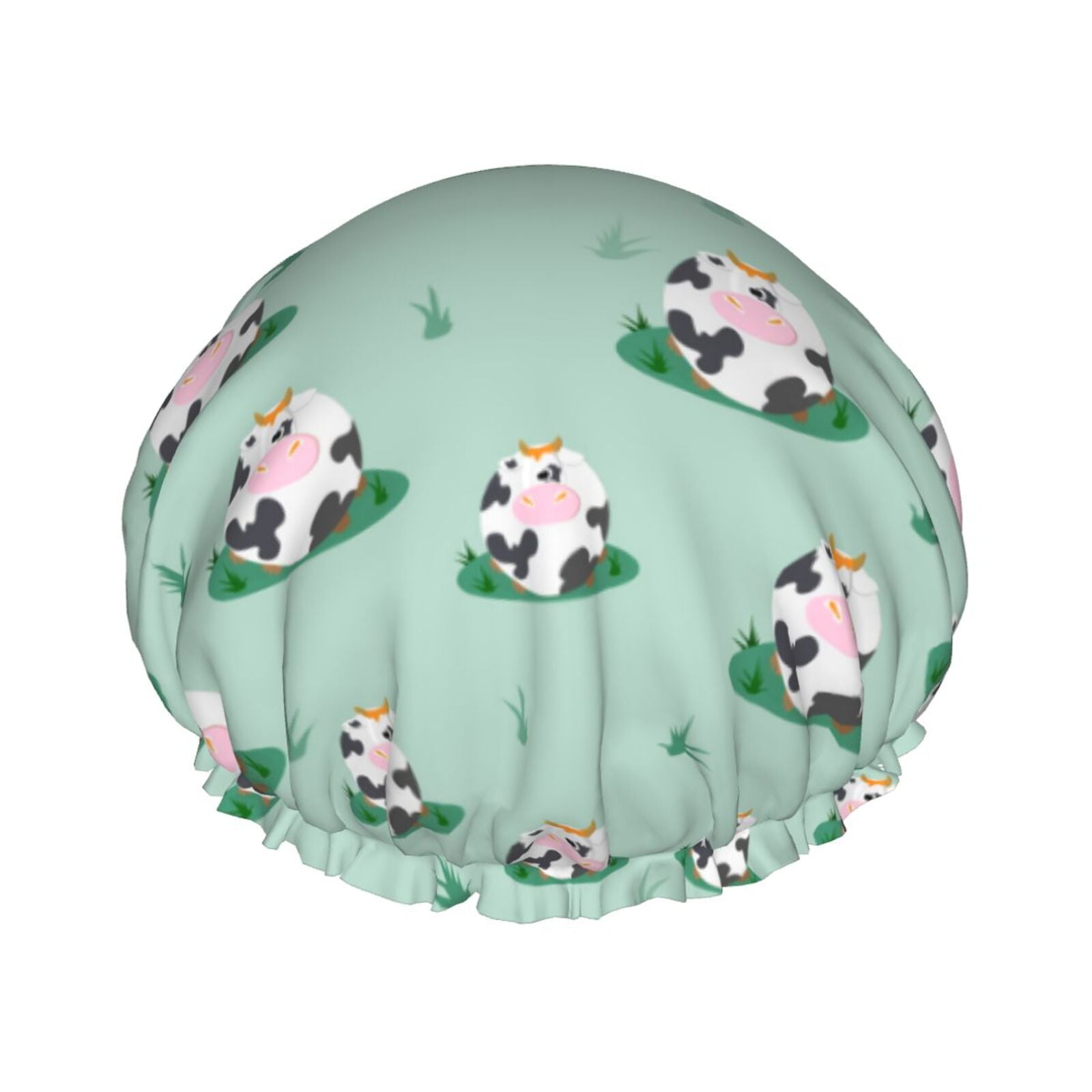 Shower Caps for Women, Funny Round Cute Cow Grass Green Reusable ...