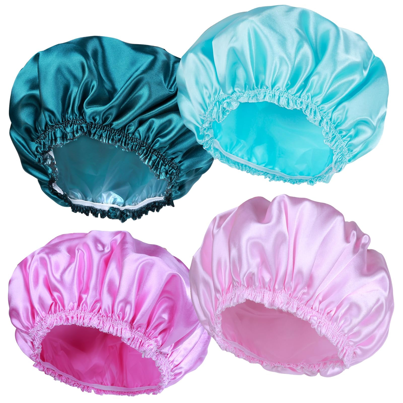 Shower Caps for Women, 4 PCS Elastic and Reusable Bath Caps, Double ...