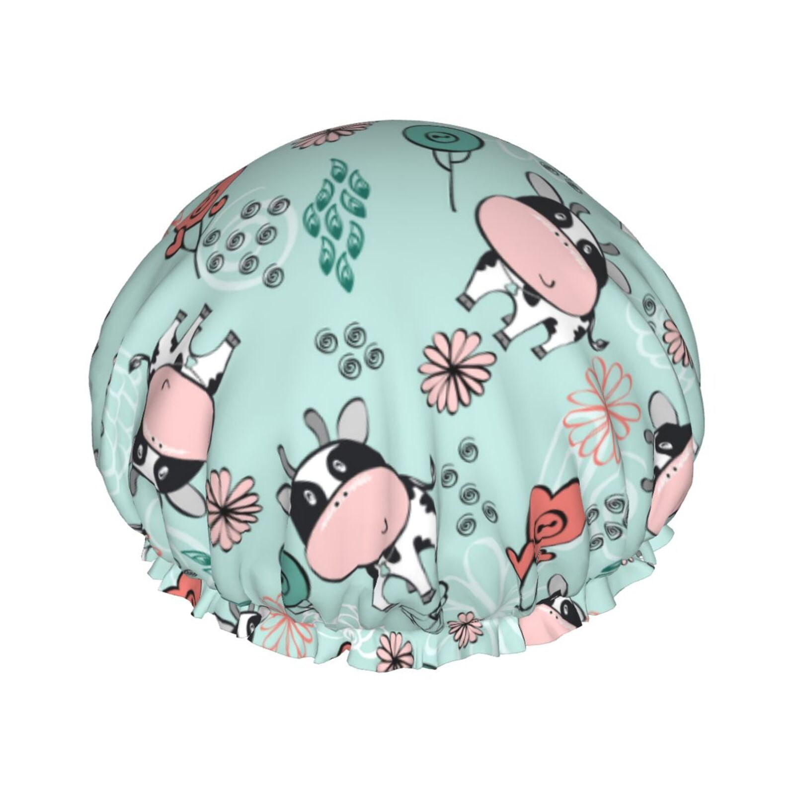 Shower Caps for Women, Cartoon Cute Cow Love_A Reusable Waterproof ...