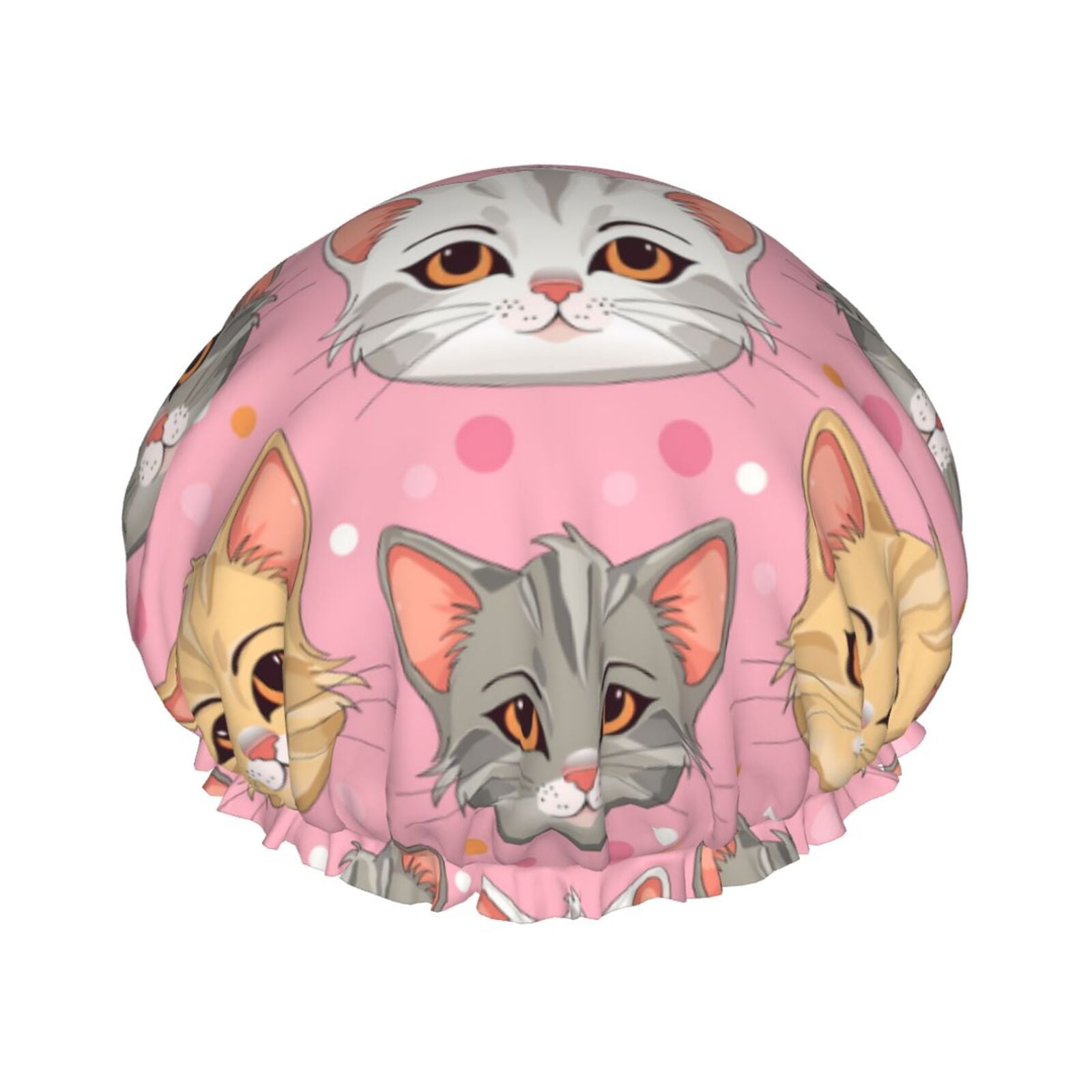 Shower Caps for Women, Cute Cartoon Cat Face Pink Reusable Waterproof ...