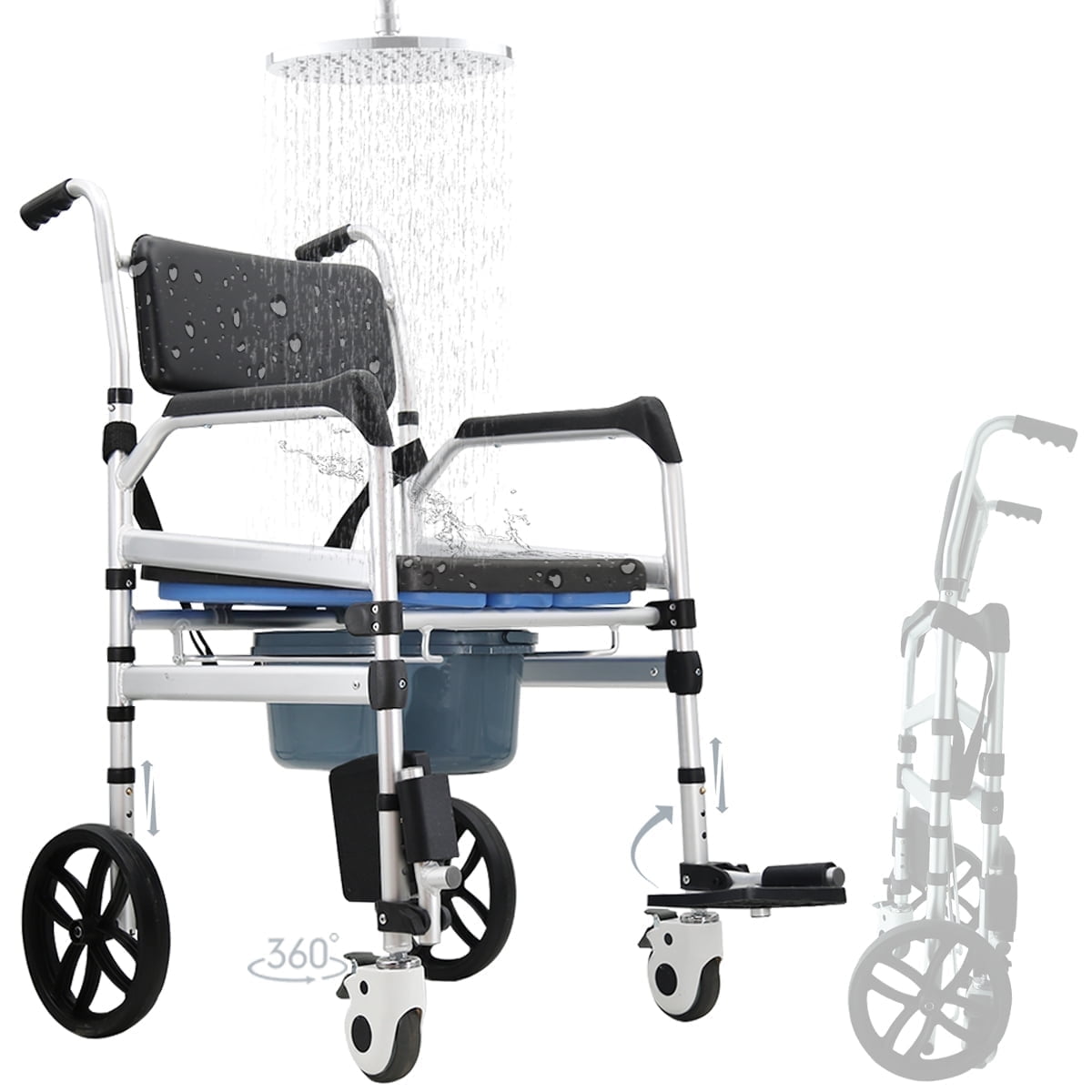 Shower Chair with Wheels, Foldable Height Adjustable Rolling Shower ...
