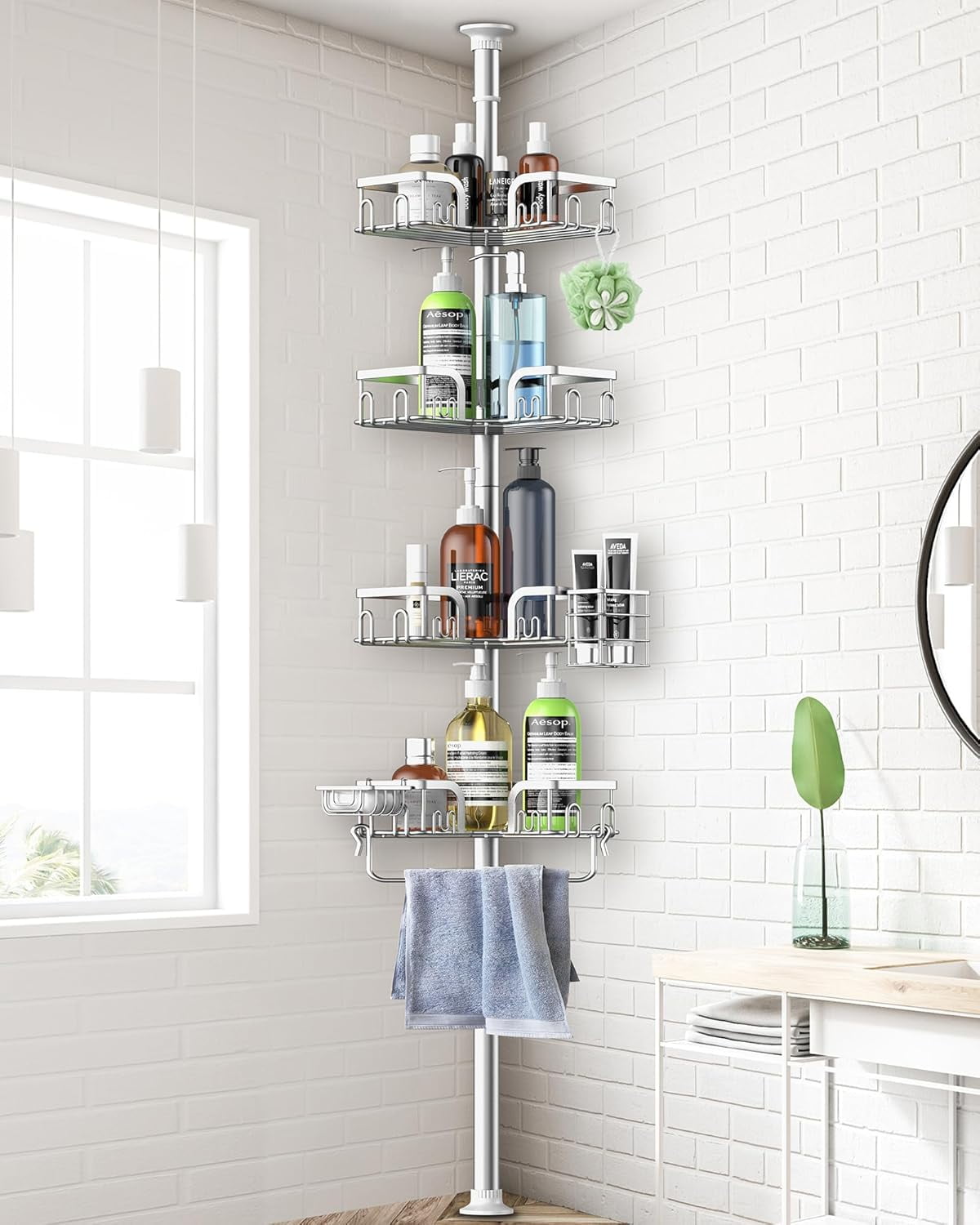 Shower Corner Caddy Tension Pole,Rustproof 4-Tier Bathroom Organizer ...