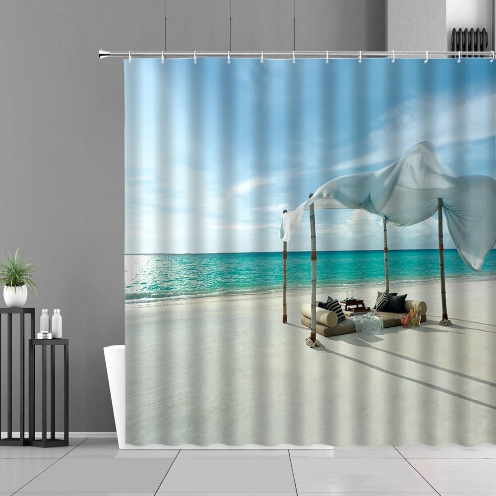 Shower Curtain 3D Print Sea View Ocean Beach Coconut Tree Curtain For ...