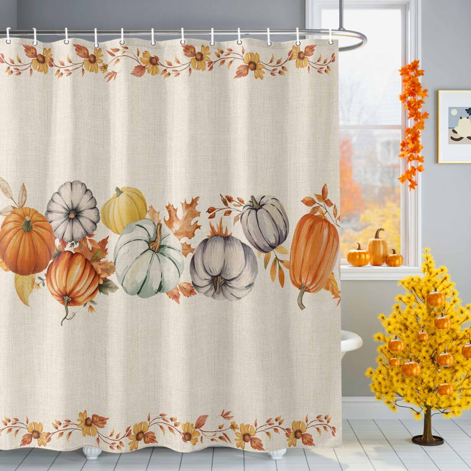 Shower Curtain 66"W x 72"L Autumn Thanksgiving Rustic Pumpkins Maple ...