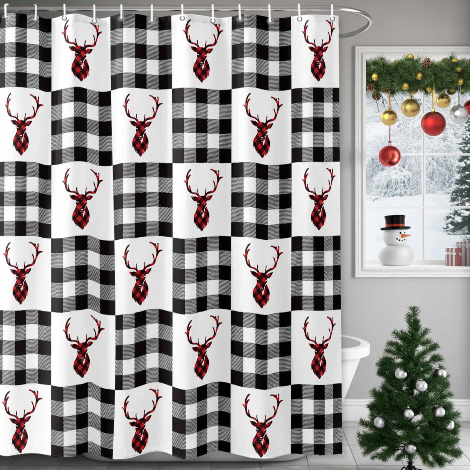Shower Curtain Bathroom Set Christmas Farm Santa Reindeers Waterproof ...