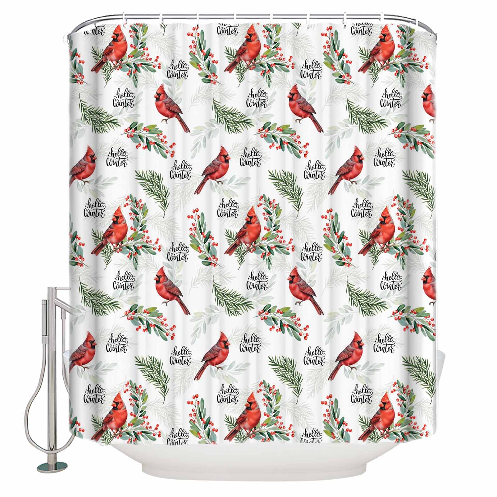 Shower Curtain Bathroom Set Christmas Red Bird Green Leaf Waterproof ...