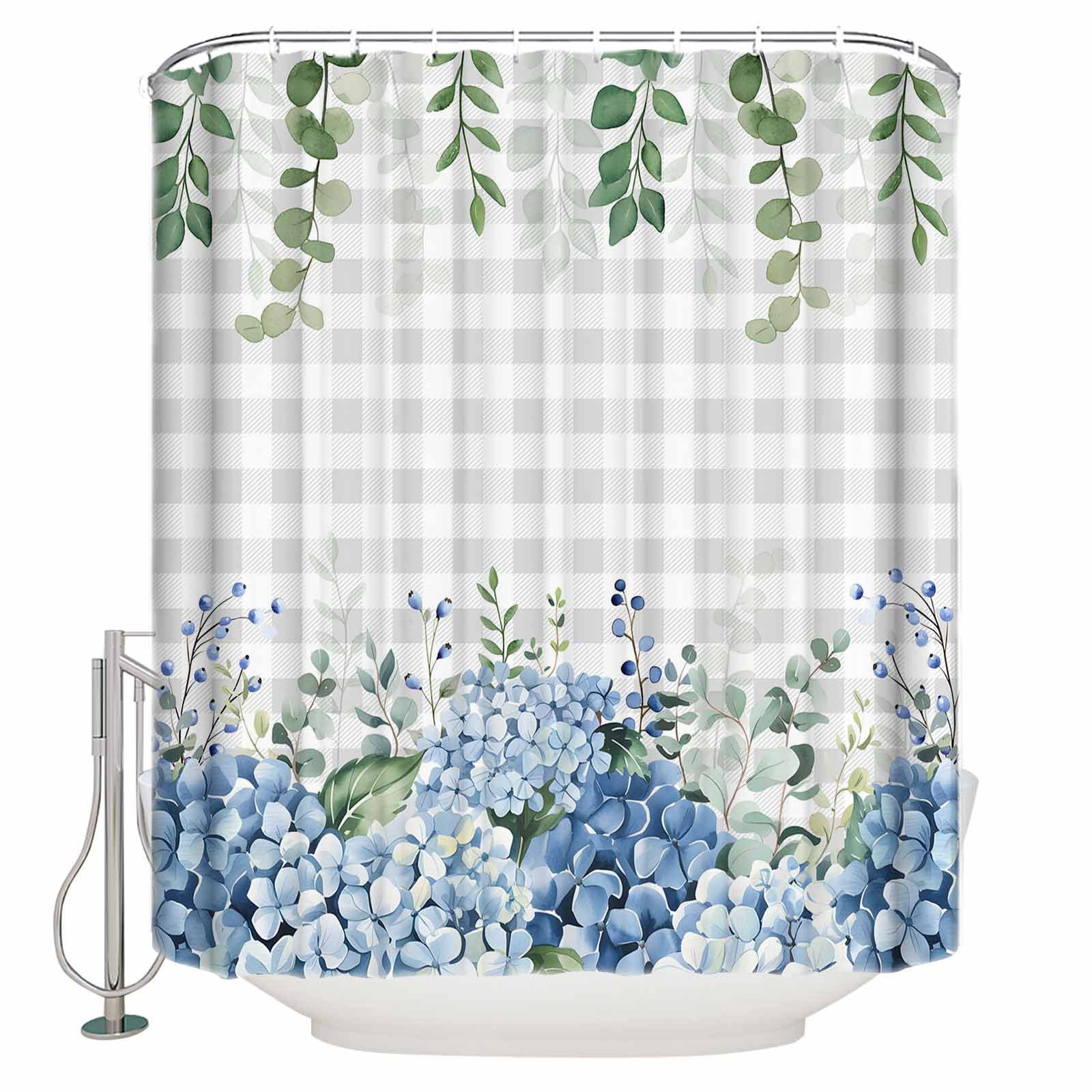 Shower Curtain Bathroom Set Farmhouse Blue Hydrangeas Flower Leaves ...