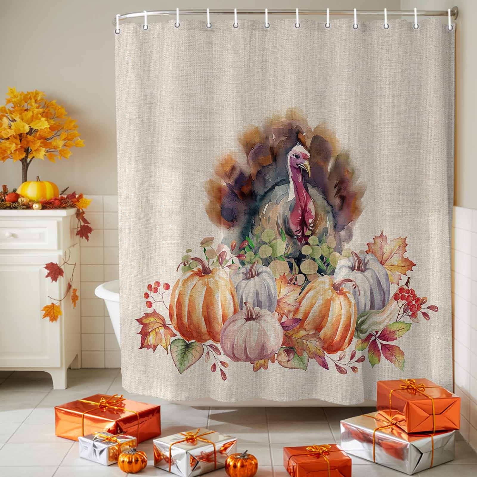 Shower Curtain Bathroom Set Farmhouse Turkey Thanksgiving Pumpkin ...