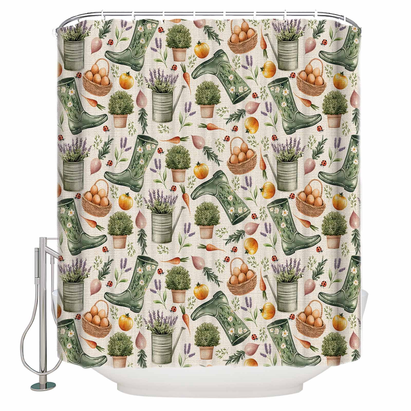Shower Curtain Bathroom Set Green Boots Lavender Flower Waterproof ...