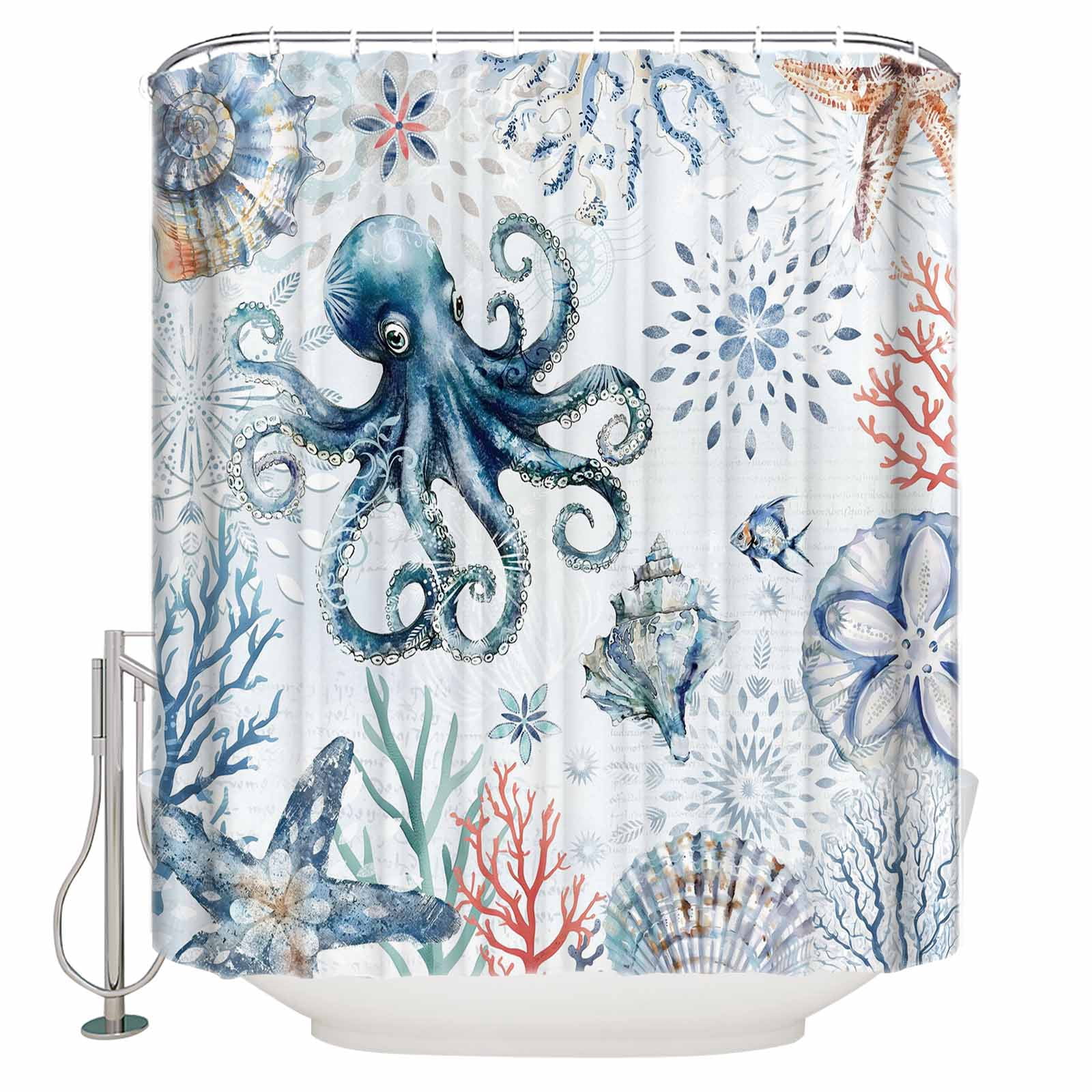 Shower Curtain Bathroom Set Octopus Coral Starfish Shell Waterproof ...