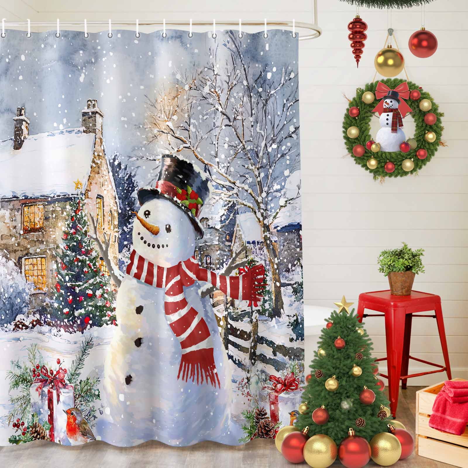 Shower Curtain Bathroom Set Snowman Christmas Tree Farmhouse Waterproof ...