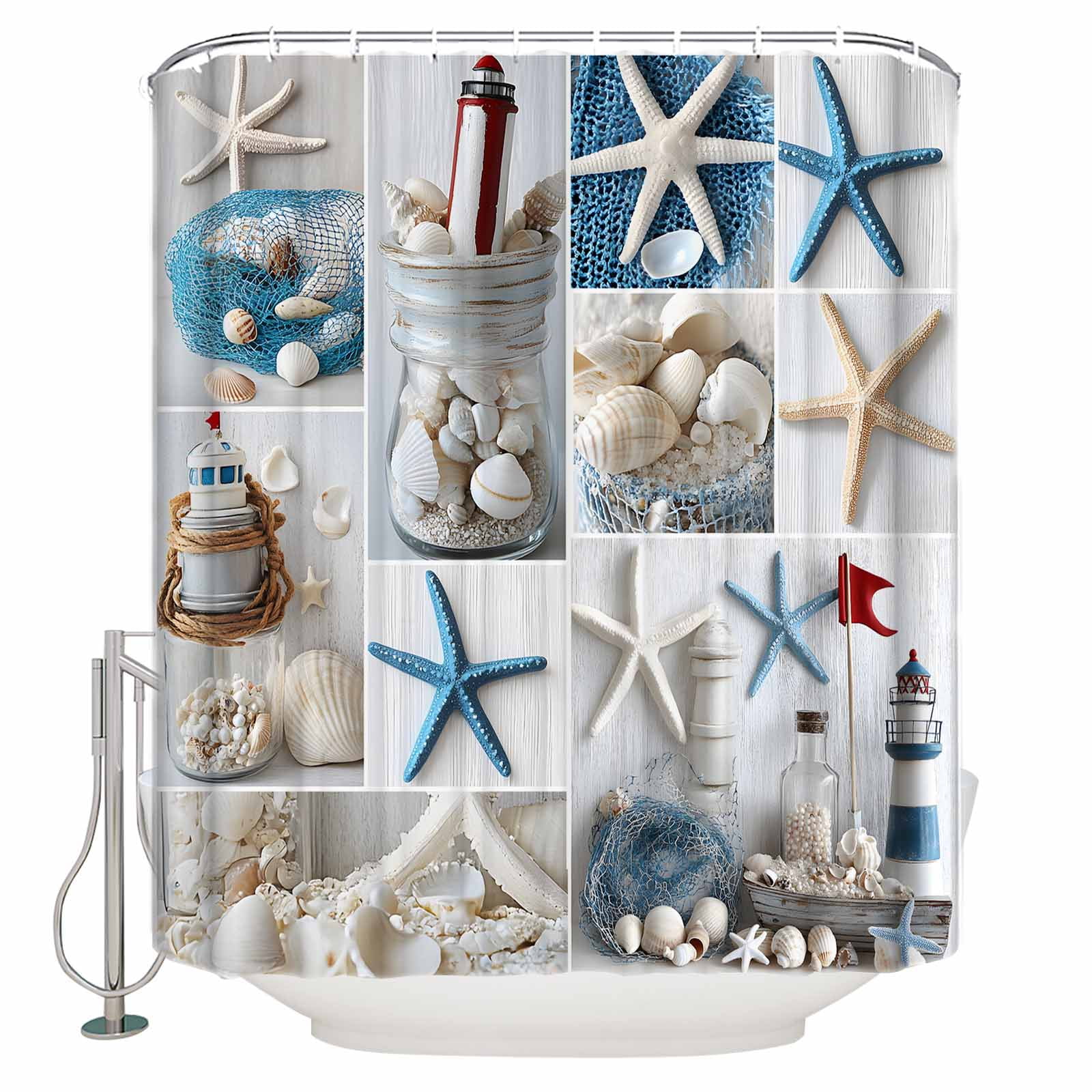 Shower Curtain Bathroom Set Summer Ocean Starfish Shell Conch ...