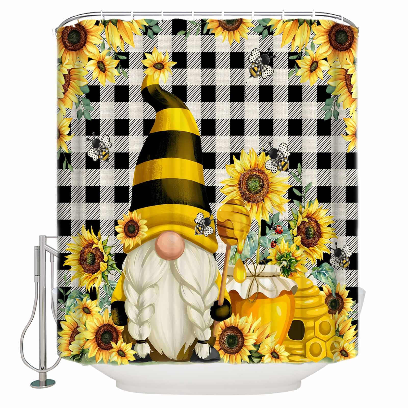 Shower Curtain Bathroom Set Sunflower Dwarf Bee Green Leaves Waterproof ...